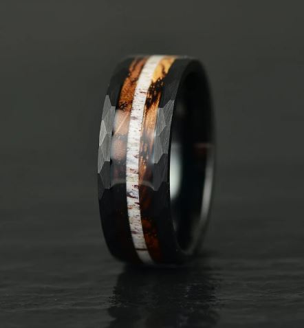 Charred Whiskey Black Hammered Tungsten Men's Ring 8MM