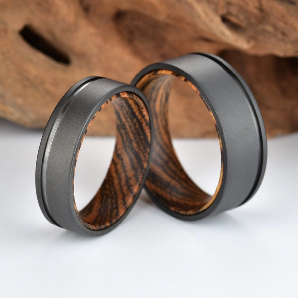 Gun Metal Gray Titanium Ring Exotic Bocote Wood Men's Wedding Band 6MM ...
